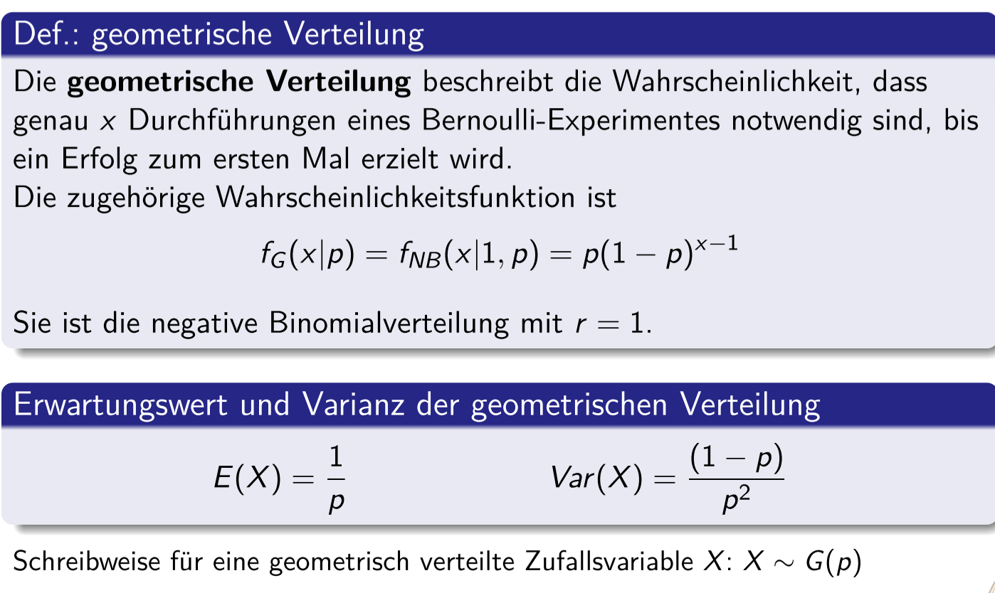 Definiere geometrische Verteilung. Wie werden E(X) und V(X)…