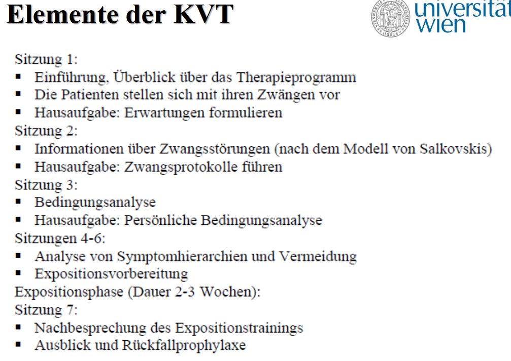 Nenne die Elemente der KVT bei Sitzung 1-7 zu Zwängen | klinische PSY | Repetico