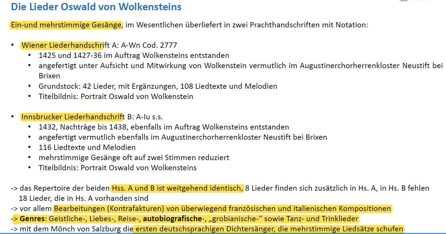 Was zeichnet die Lieder Oswalds von Wolkenstein aus? Wo ... | Musikgeschichte 1 | Repetico